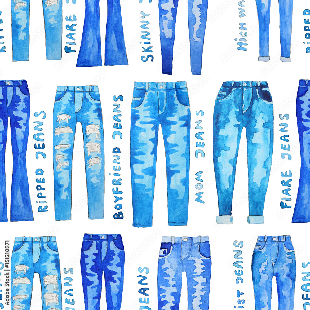 Blue jeans. Hand drawn watercolor illustration. Stock Photo | Adobe Stock