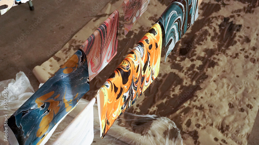 Marbled paper prints drying Stock Photo | Adobe Stock