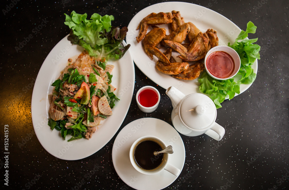 Thai food background. Dishes of thai cuisine. Tom yum soup pad thai ...