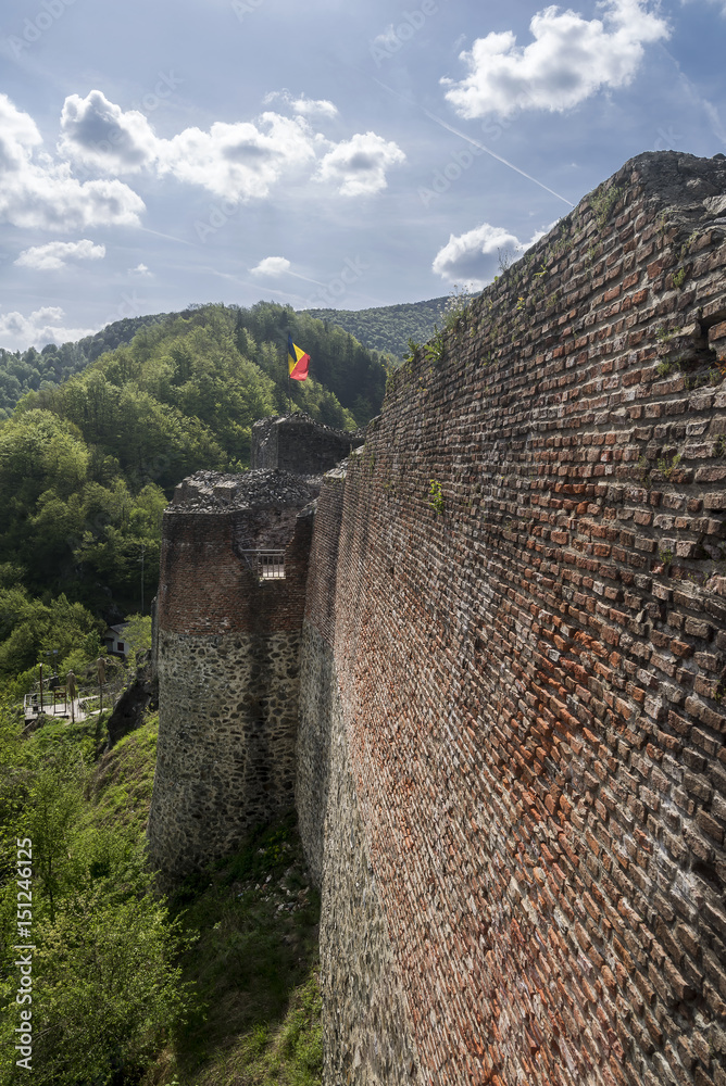 View of the ancient walls of Poenari Castle in ruined castle in Romania ...