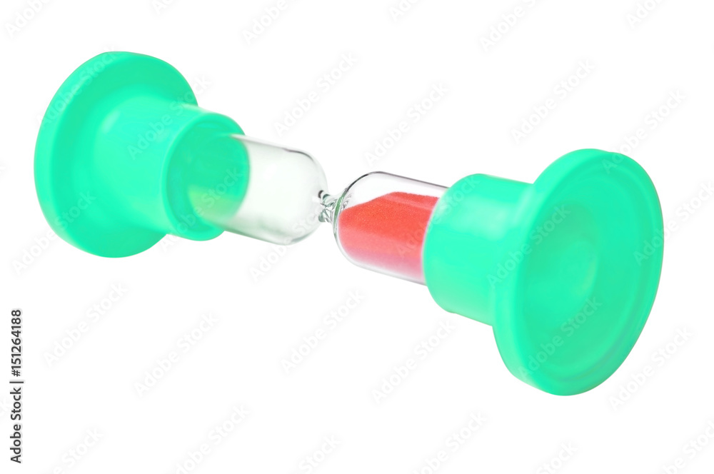 Simple sand clock in green plastic case with a red dyed sand inside the ...