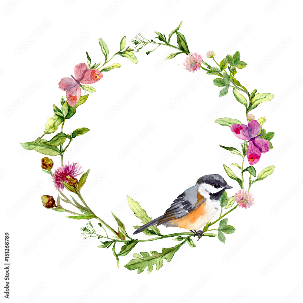 Retro wreath border frame with wild herbs, meadow flowers, bird and ...