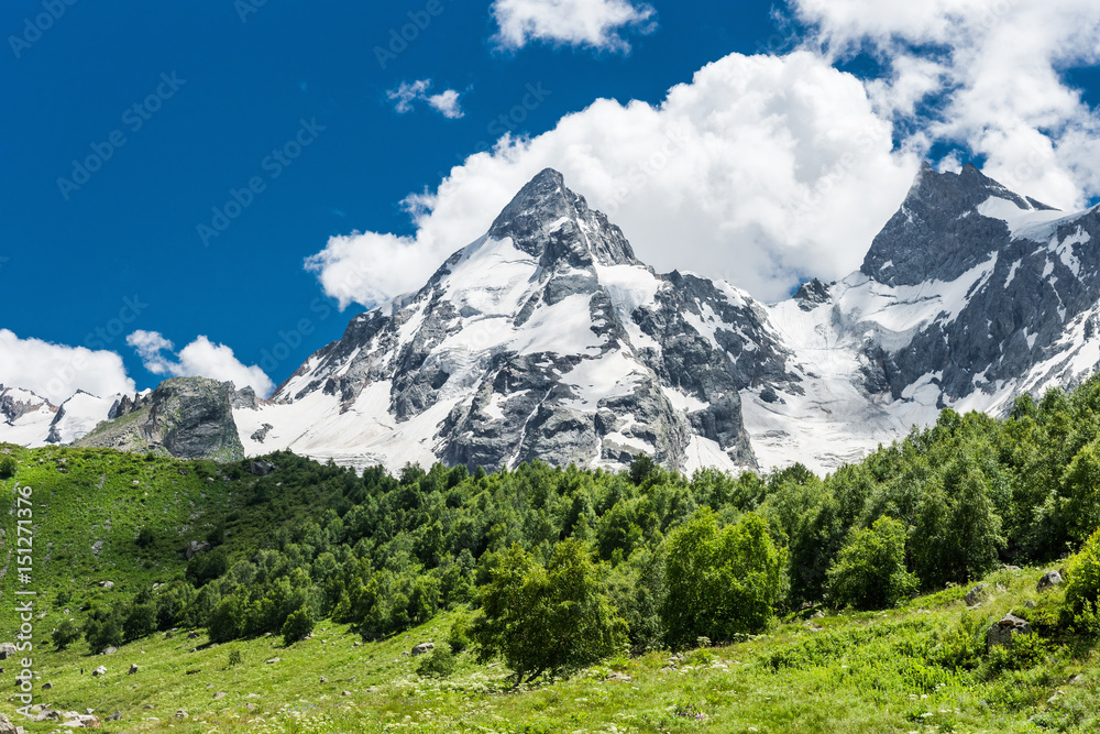 Mt. Dzhan-Tugan with the forest at the foot of it. Adyl-Su gorge in ...