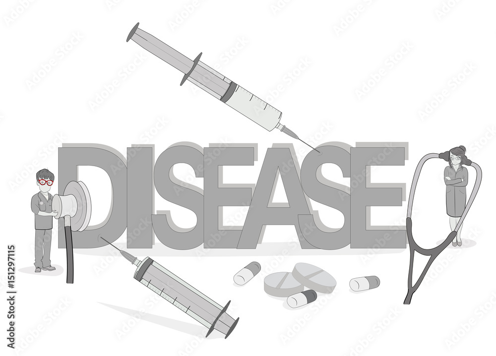 Sketch of working little people with big word "Disease". Doodle cute ...