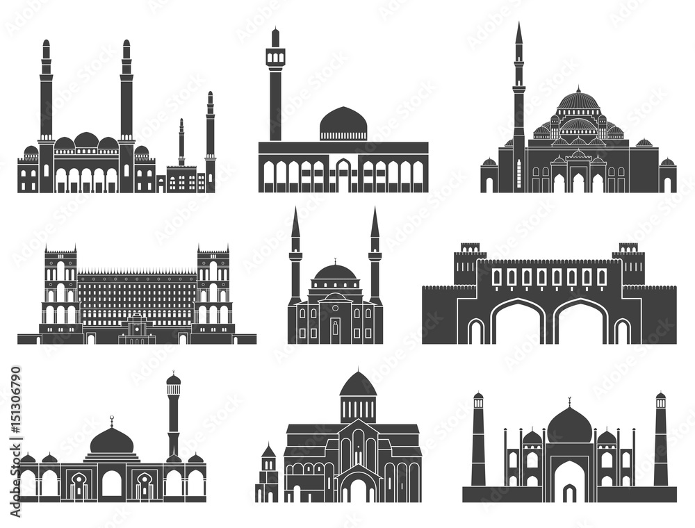 Western Asia. Architecture. Isolated Asian buildings on white ...