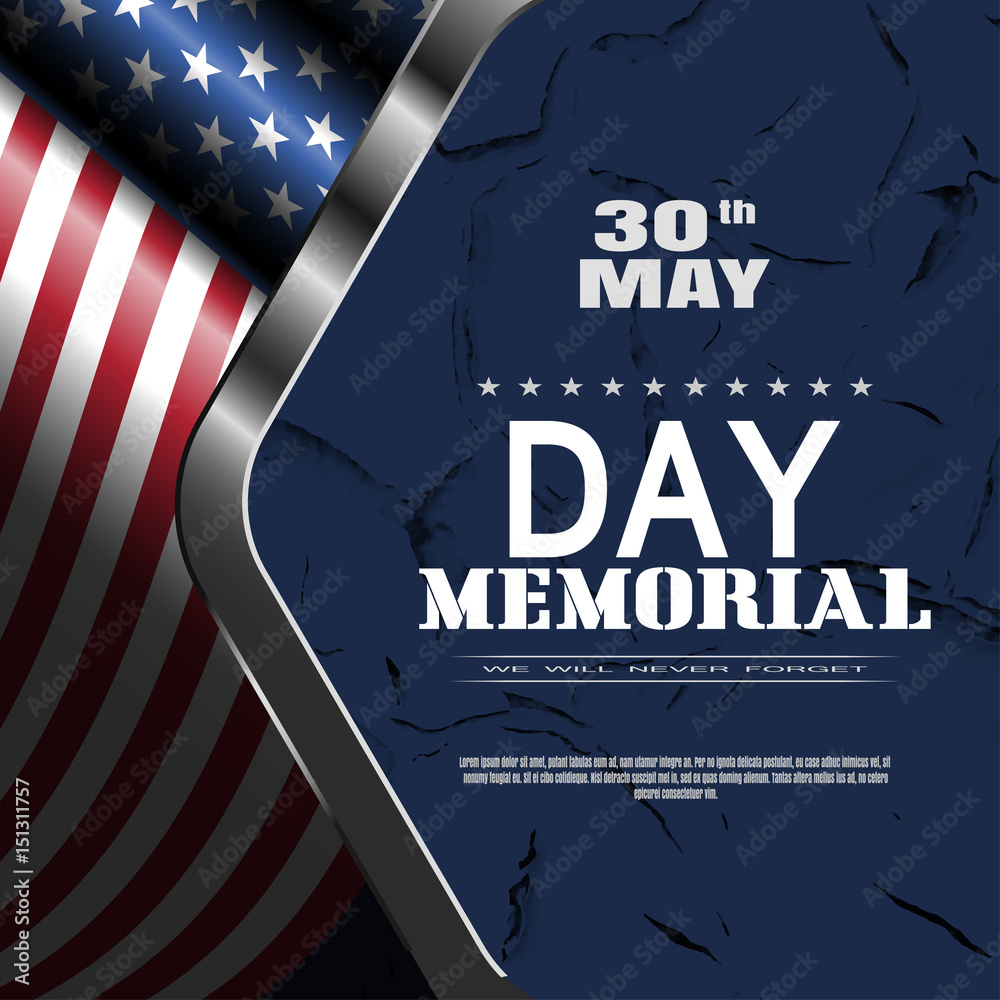 Memorial Day vector poster with text, shadow, glow on the dark blue ...