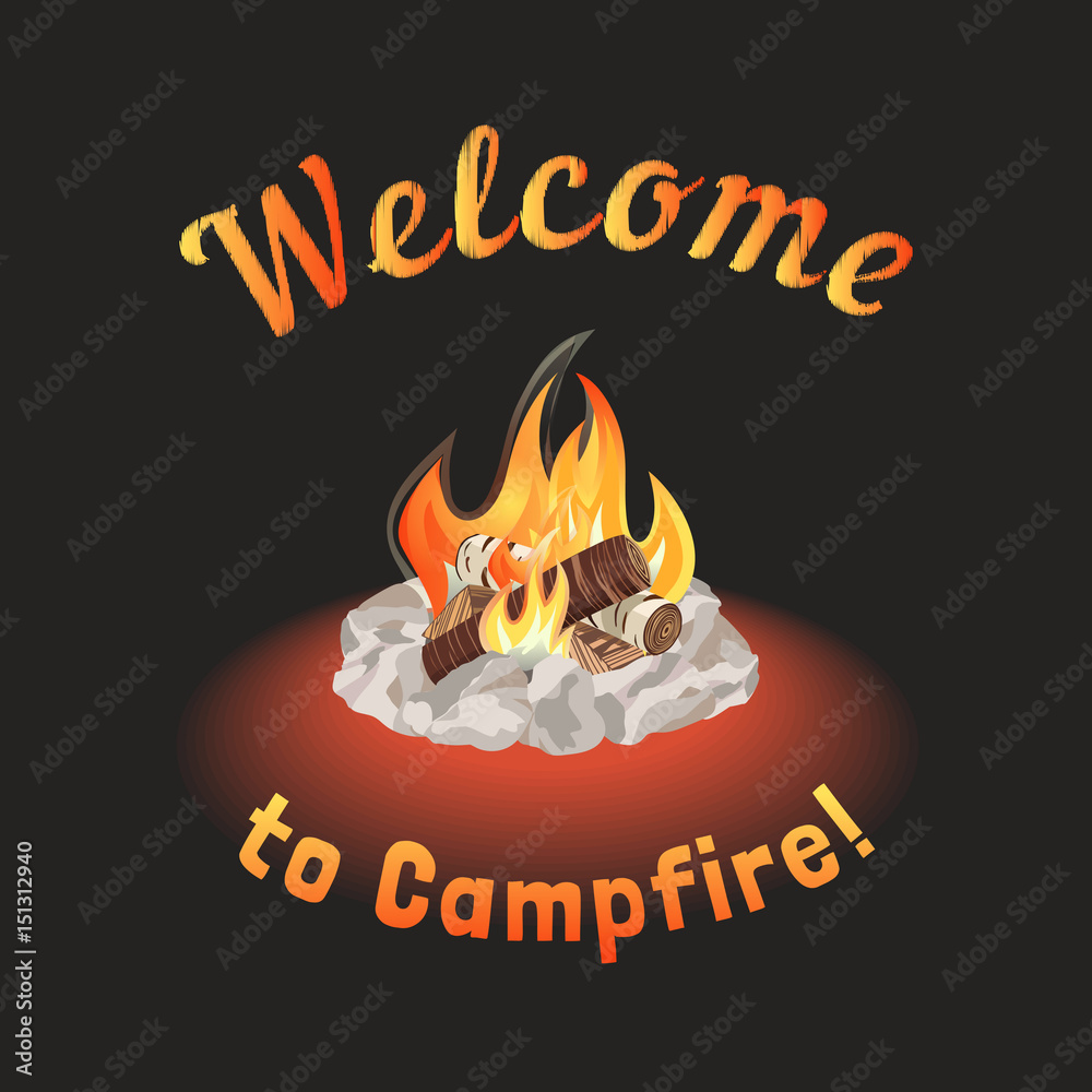 Campfire icon. Freehand drawn cartoon style. Fancy letters of welcome ...