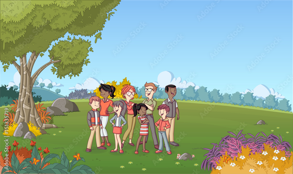 Cartoon family in a green park with grass and trees. Nature landscape ...