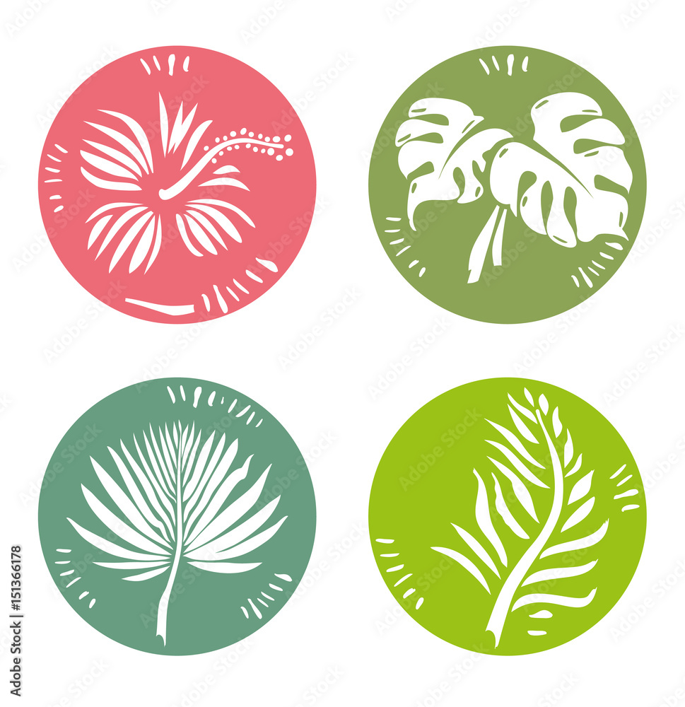 Four tropical plants icons. Simple round symbols nature. Vector flat ...