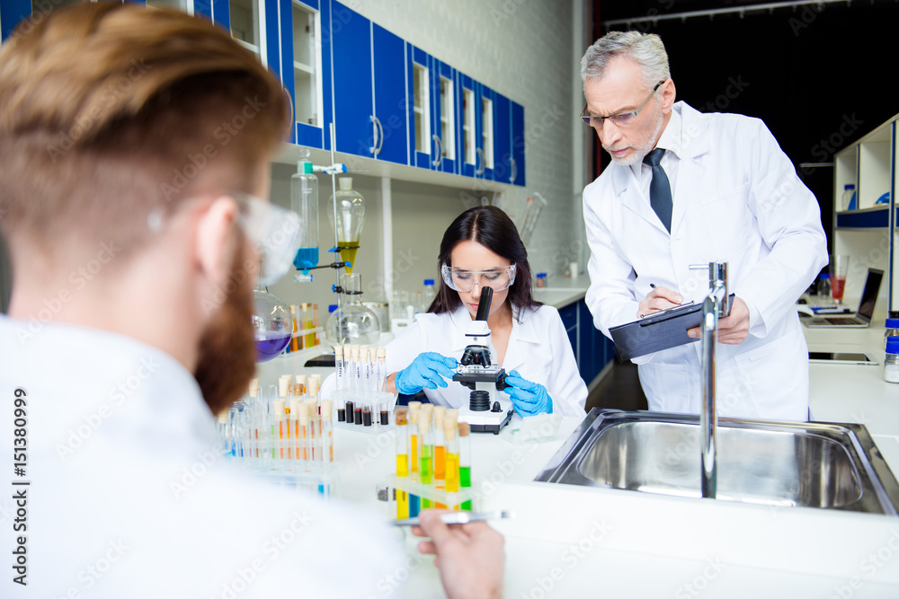 Teamwork and teambuilding concept. A group of three scientists in ...