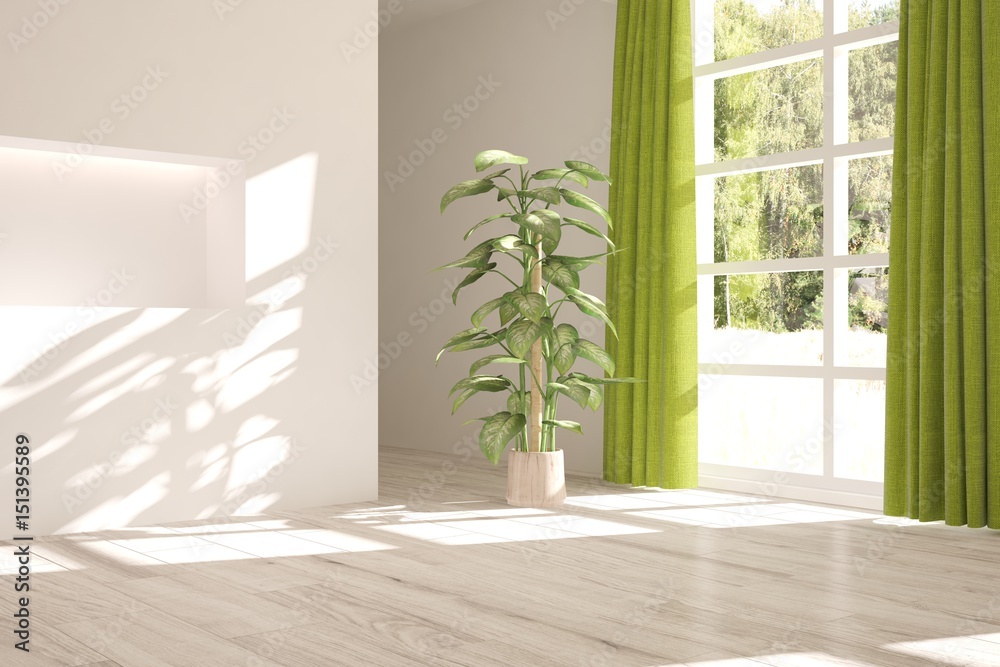 White empty room with green landscape in window. Scandinavian interior ...
