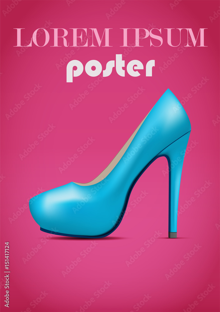 Woman shoes with high heel on pink background. Advertising poster in ...