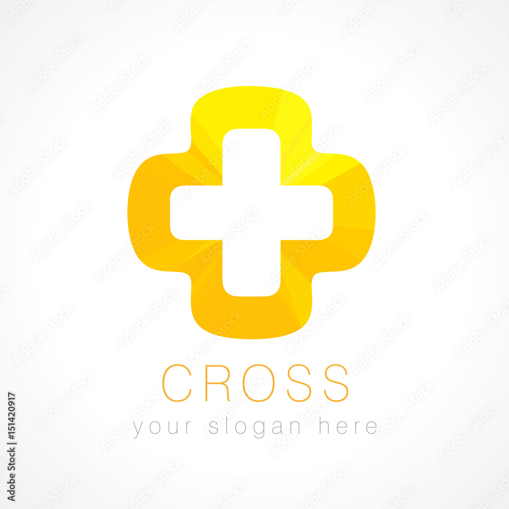 Medical gold colored logo. Pharmacy stained-glass plus cross in a soft ...