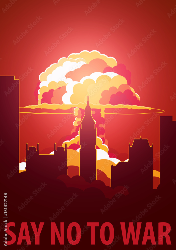 Nuclear Explosion in the city. UK Say no to war. Cartoon Retro poster ...