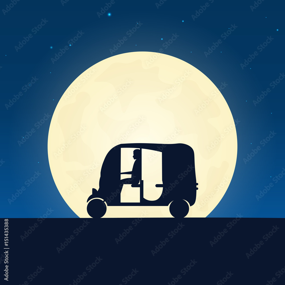 Tuk Tuk silhouette. Banner with moon on the night background. Vector ...