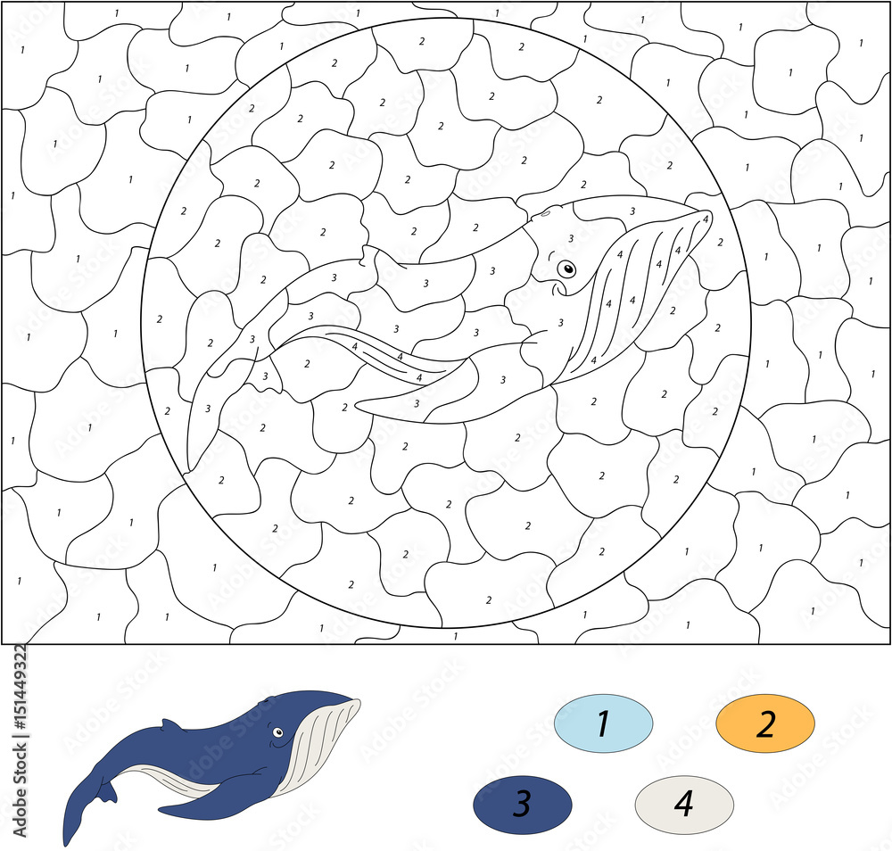 Cartoon blue whale. Color by number educational game for kids Stock ...
