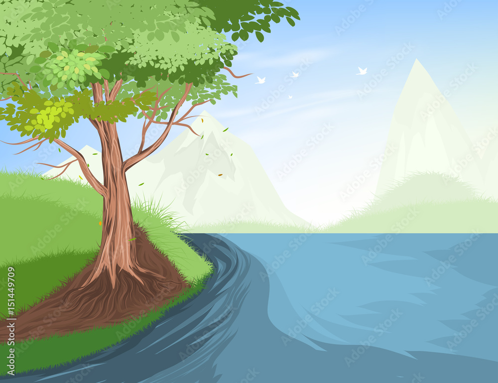 Beautiful tree and lake scene vector nature landscape background Stock ...