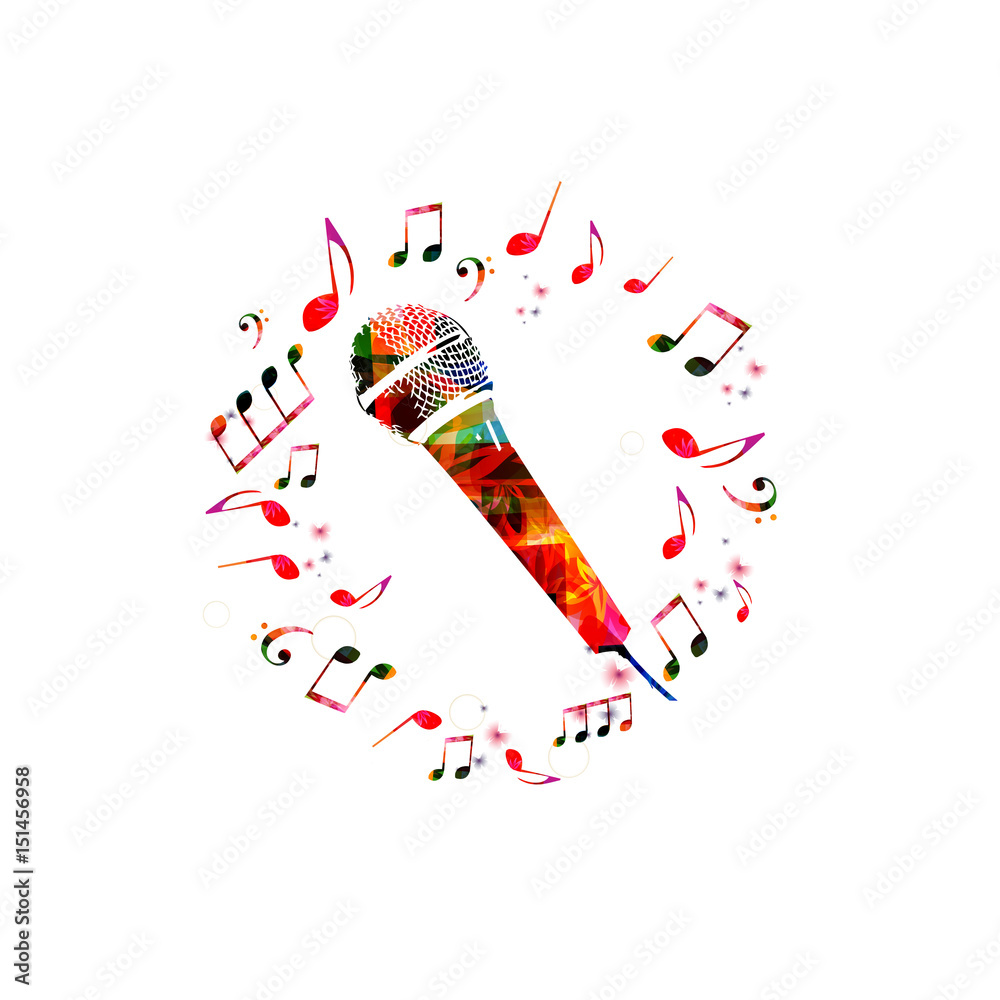Music background with microphone. Colorful microphone with music notes ...