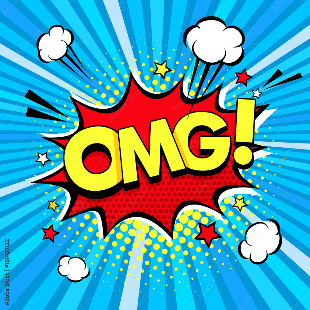 Comic speech bubble with expression text OMG!, stars and clouds. Vector bright dynamic cartoon ...
