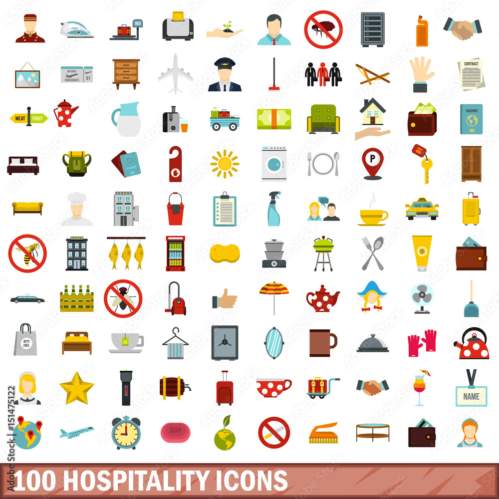 100 hospitality icons set, flat style Stock Vector | Adobe Stock