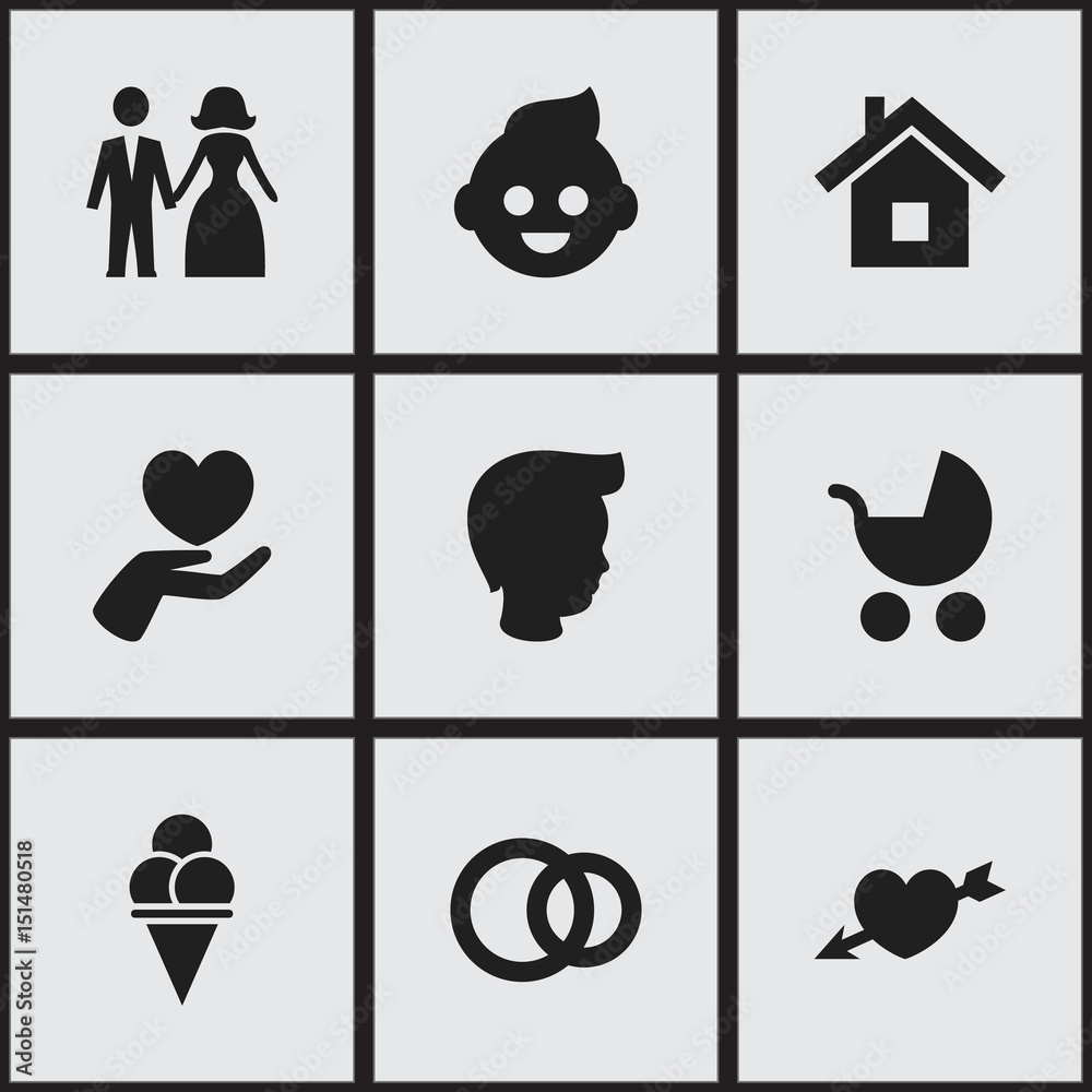 Set Of 9 Editable Family Icons. Includes Symbols Such As Married, Love ...