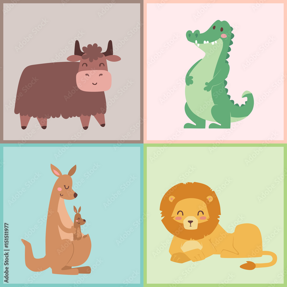 Cute zoo cartoon animals isolated funny wildlife learn cute language ...