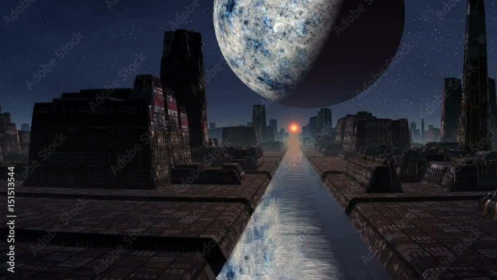 Vidéo Stock Alien City, Sunrise and Huge Planet. Above the horizon ...