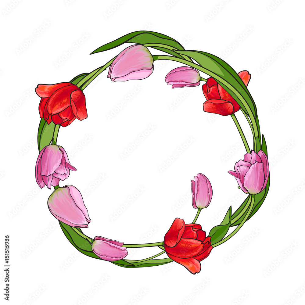 Round frame of red and pink tulip flowers with place for text, sketch ...