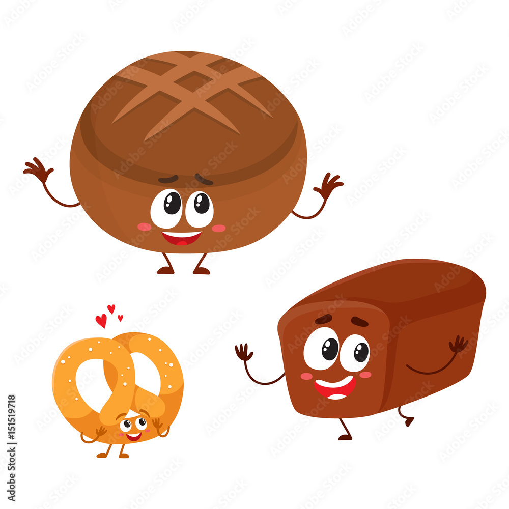 Funny brick and round loaves of whole wheat, dark, brown bread ...