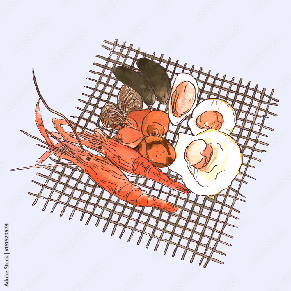 Vector Seafood illustrations set. Hand drawn grill sea food sketch ...