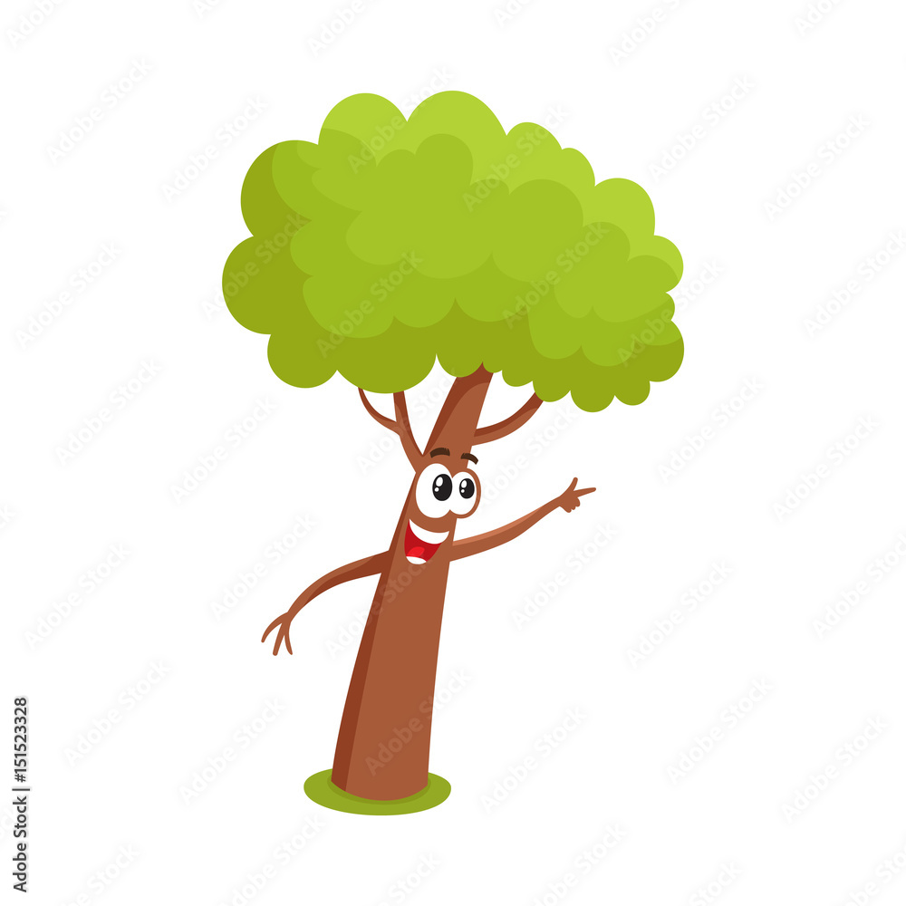 Funny tree character showing, pointing to something with finger ...