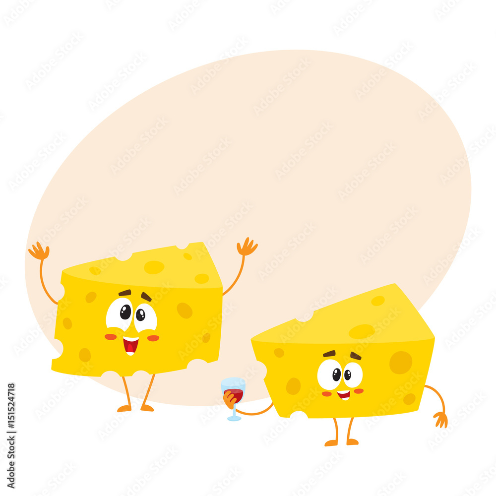 Two funny cheese chunk characters, one holding wine glass, another ...
