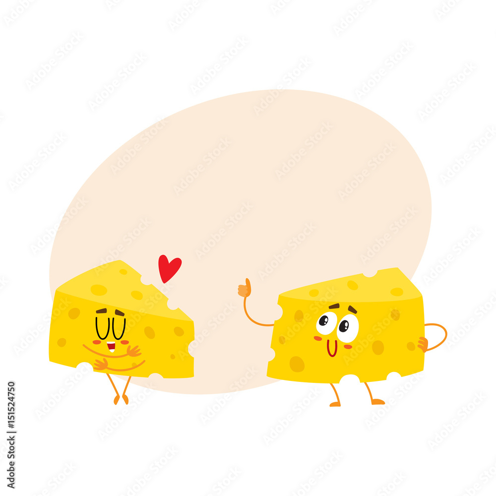 Two funny cheese chunk characters, good quality concept, showing love ...
