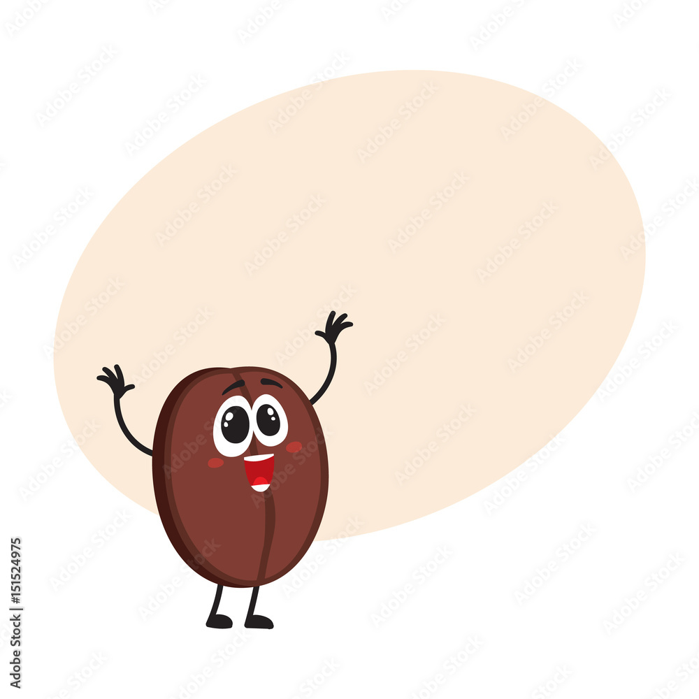 Funny, crazy looking coffee bean character with human face with raised ...