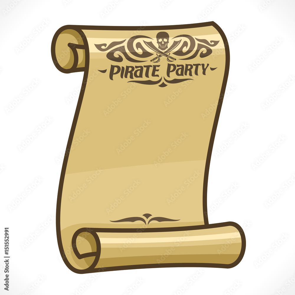 Vector image of parchment scroll for Pirate Party theme: skull and ...