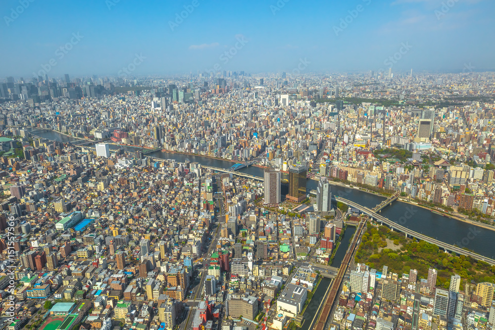 Aerial view of Tokyo city skyline with Asahi Beer Hall, Asahi Flame o ...