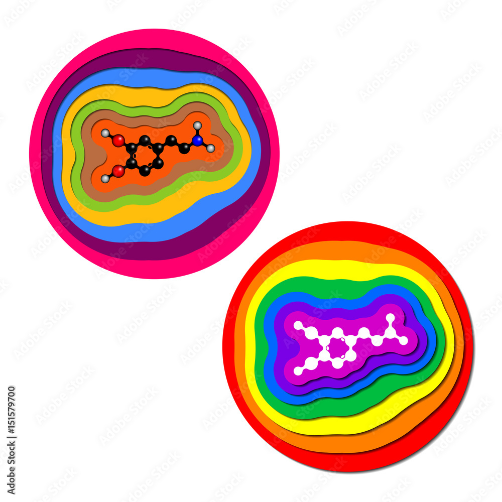 Dopamine happiness hormone molecule in colorful, vivid, psychedelic ...
