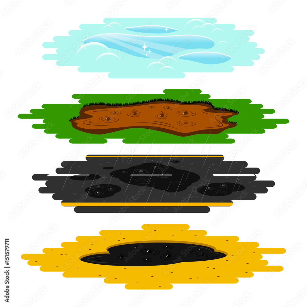 Puddles of different types. Vector illustration of mud puddle, puddle ...