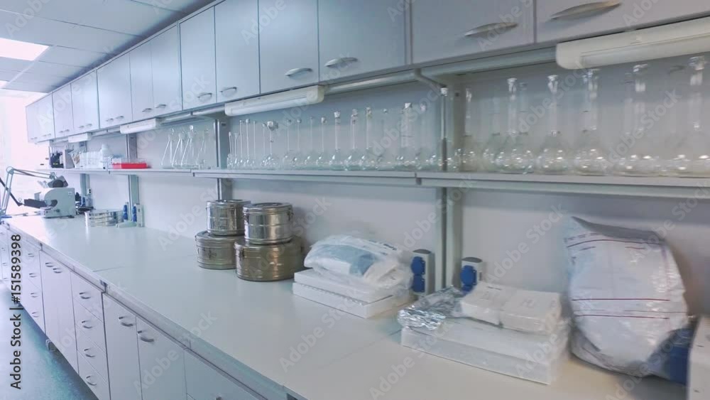 Medical laboratory workspace. Pov of science laboratory room. Science ...