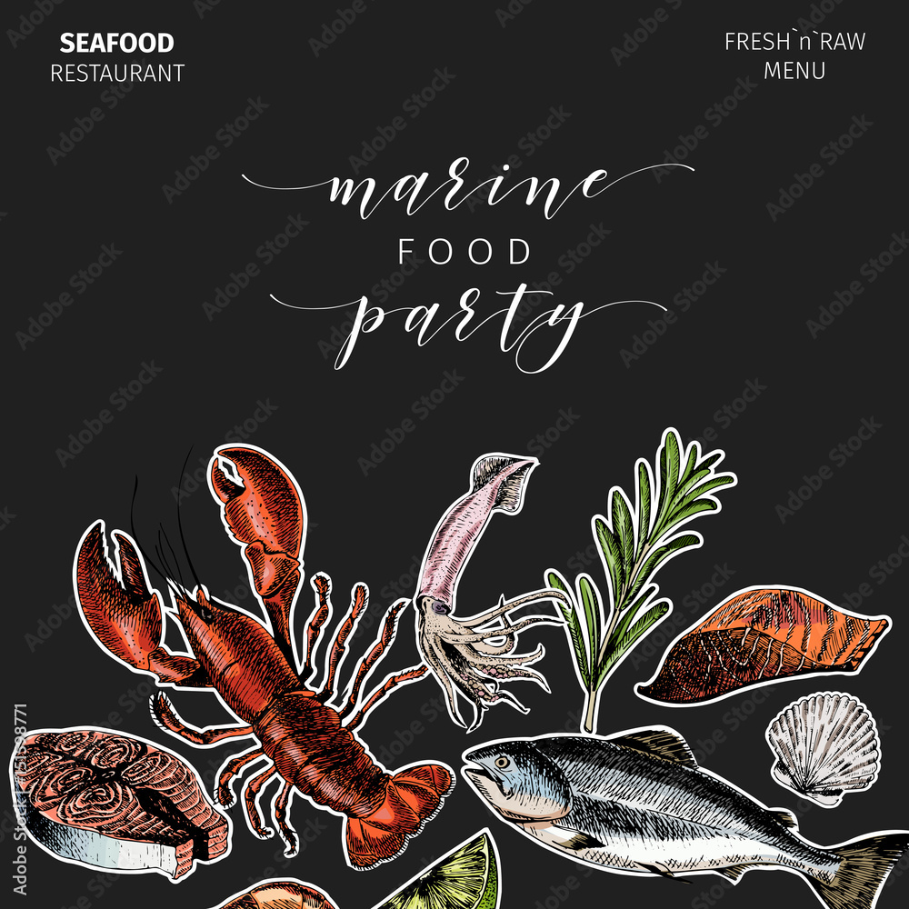 Vector hand drawn seafood banner.colored Lobster, salmon, crab, shrimp ...