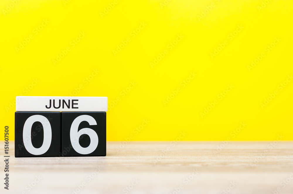 June 6th. Day 6 of month, calendar on yellow background. Summer day ...