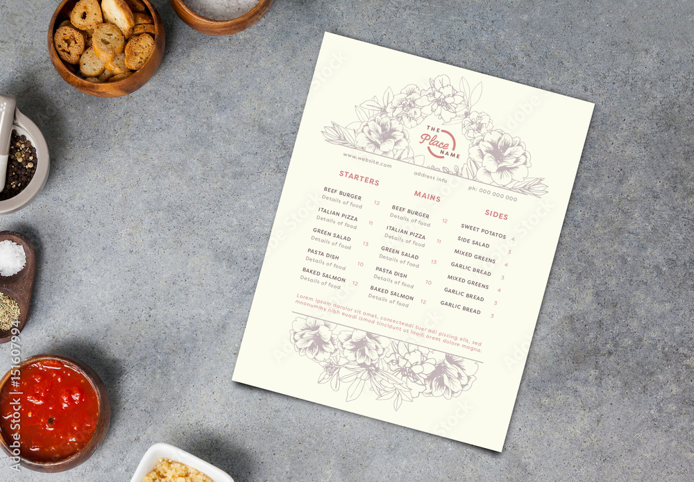 Elegant Floral Menu Layout Stock Template | Adobe Stock