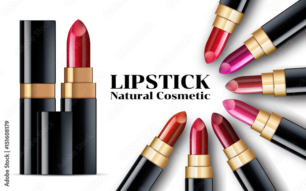 Glamour lipstick ads lipstick in different color tones isolated on ...