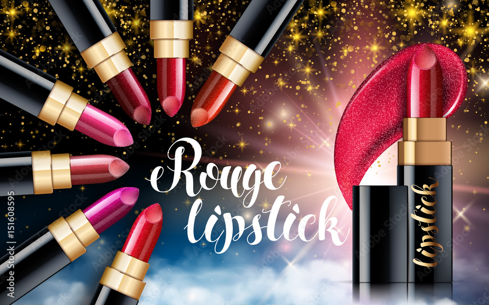 Makeup ads template Charming red lipstick mockup with sparkling ...
