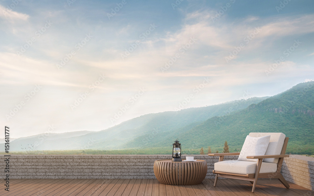 Outdoor living with mountain view 3d rendering image.Decorate with wood ...