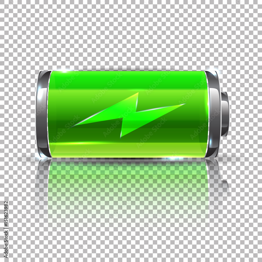 Vector Green battery, full charge. Glass realistic power battery ...