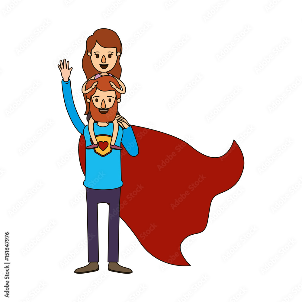colorful silhouette cartoon full body super dad hero with girl on his ...