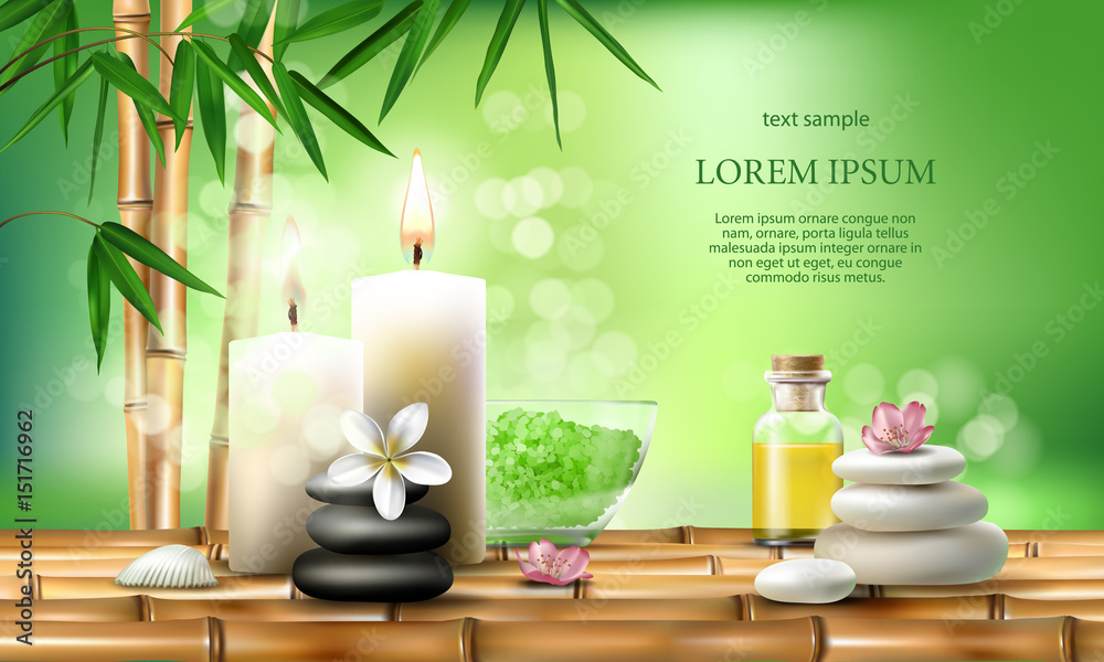 Vector Illustration Of A Realistic Style Set For Spa Treatments With Aromatic Salt Massage Oil