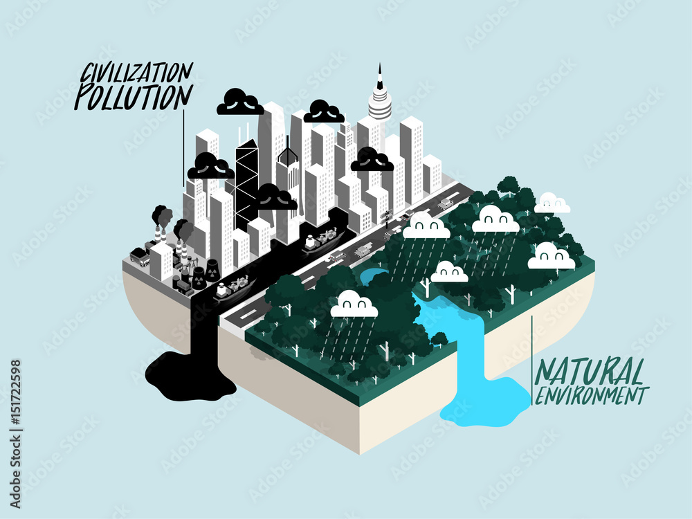 vector illustration of ecology comparative concept with natural clean ...