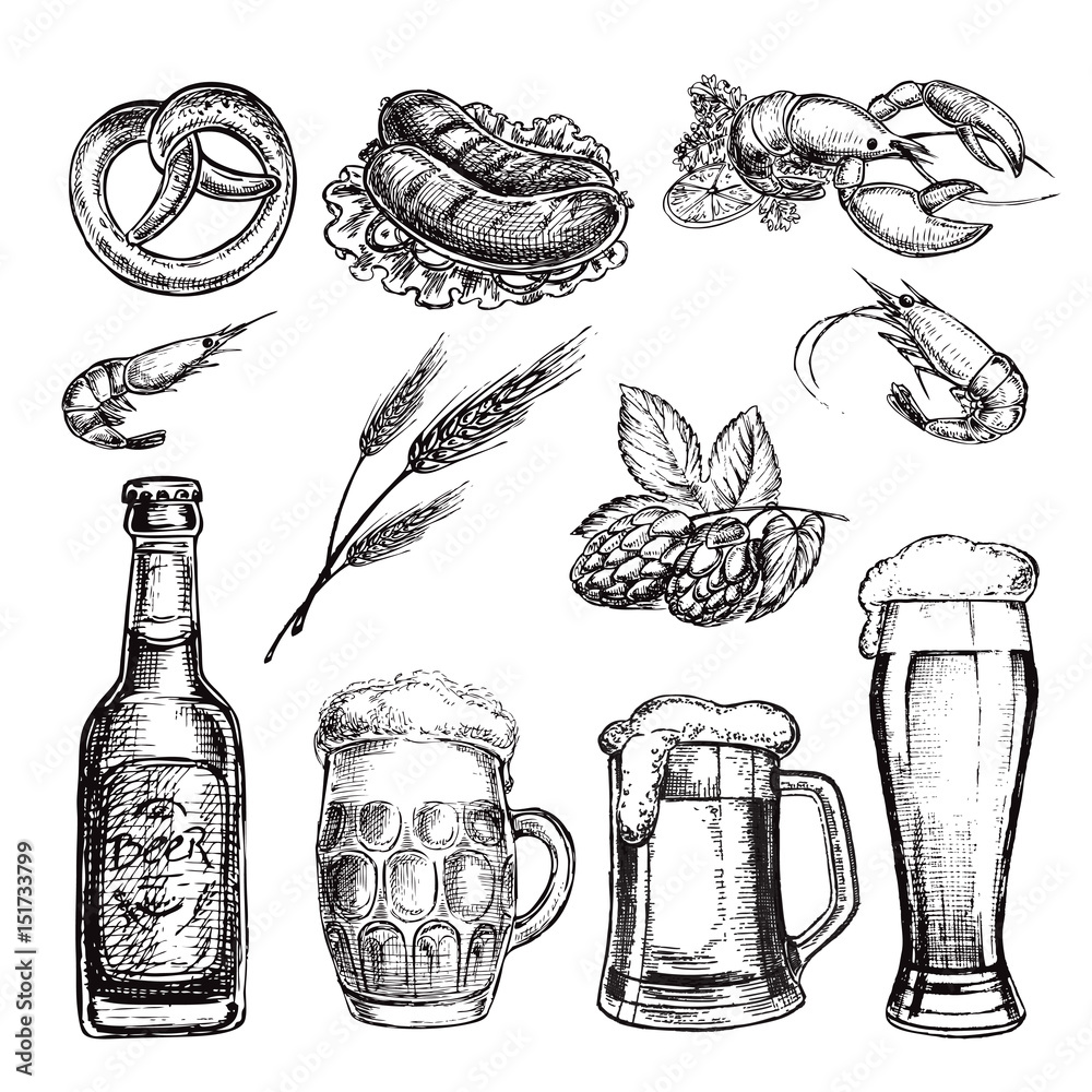 hand drawn sketch illustration set beer Stock Vector | Adobe Stock